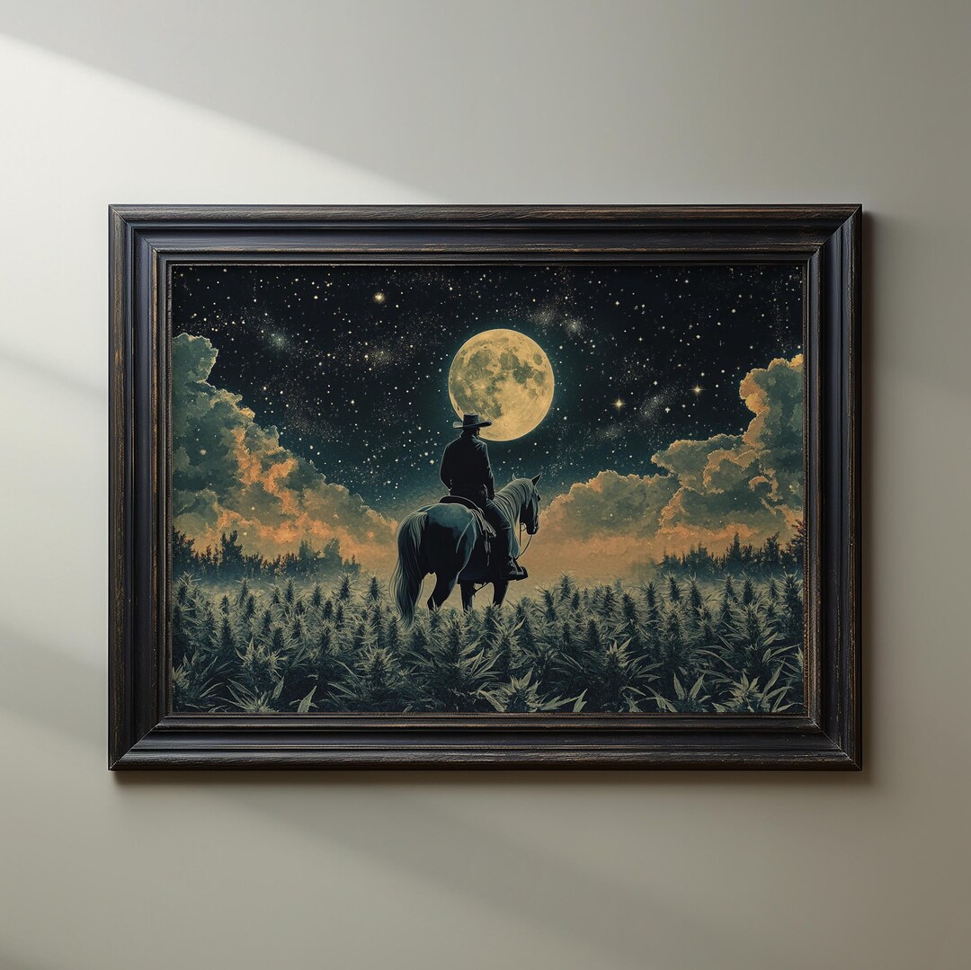 Cowboy Riding Horse in Cannabis Field Printable Wall Art Stoner ...