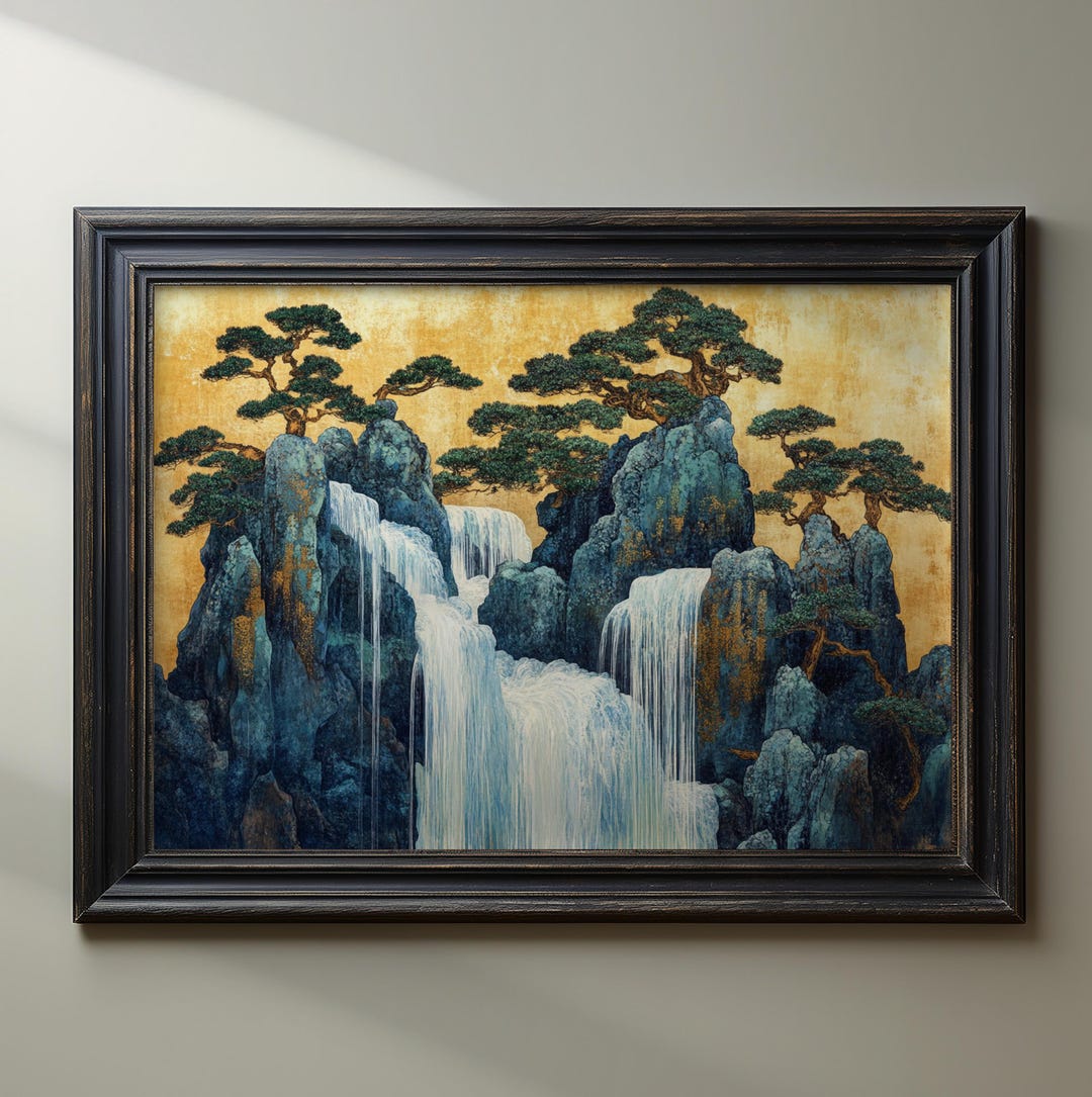Japanese Waterfall Ukijo-e Printable Wall Art Traditional Japandi Wall Decor Vintage Painting ...