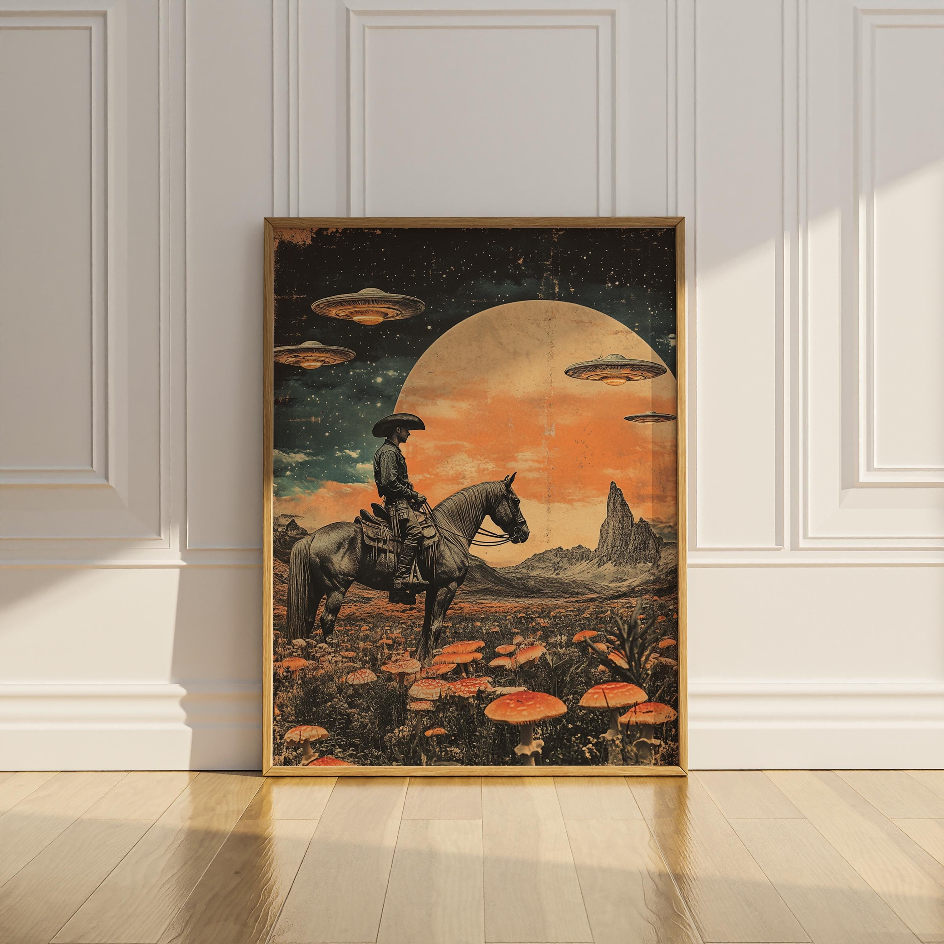 Trippy Cowboy Horse UFO Art Print, Psychedelic Western Wall Decor ...