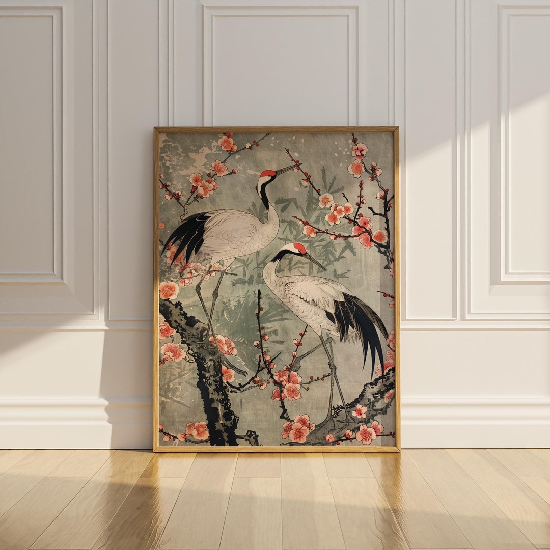 Japanese Wall Art Red Cap Cranes Sakura Cherry Tree Wall Decor Vintage ...