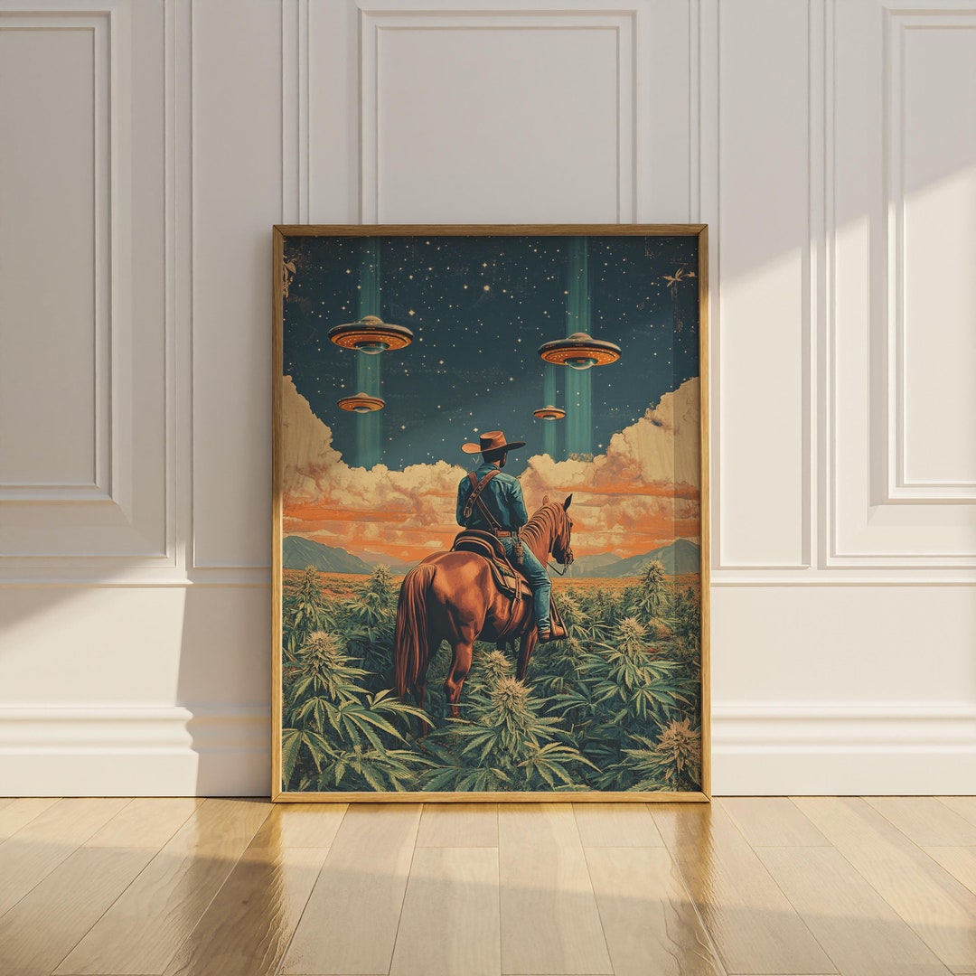 Cowboy Riding Horse in Cannabis Field Pothead Poster Print Celestial ...