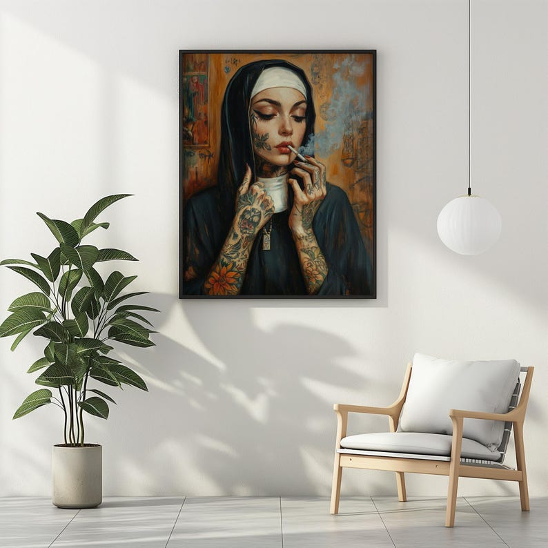Tattooed Nun Smoking Cigarette Wall Art Tattoo Studio Wall Decor ...