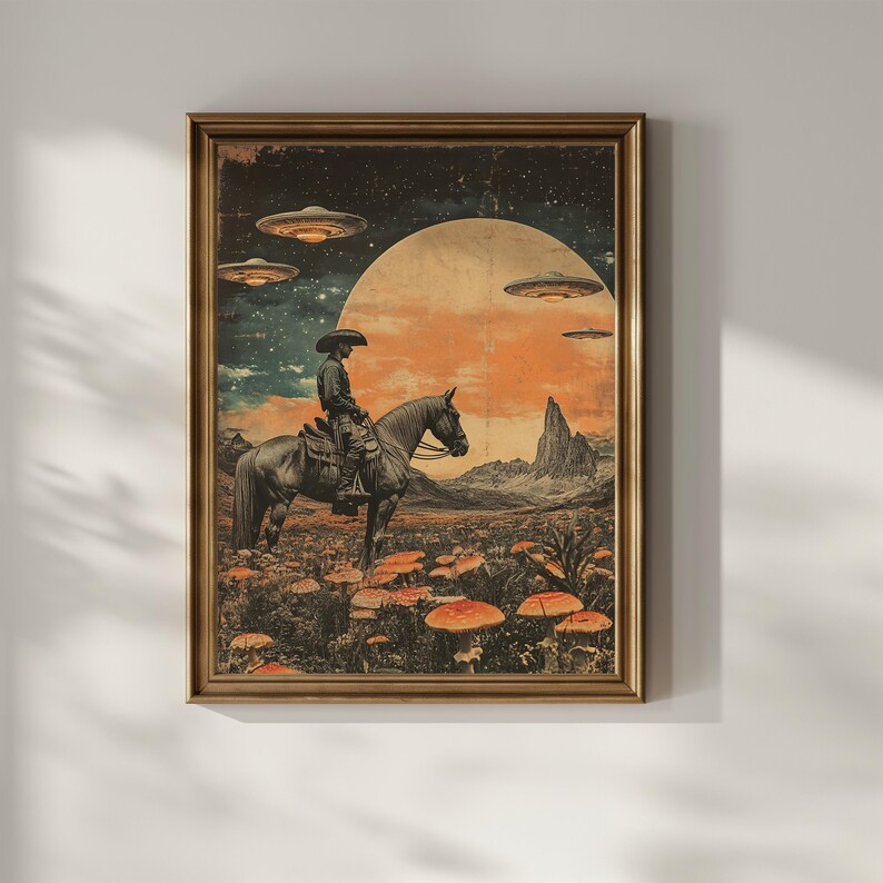 Trippy Cowboy Horse UFO Art Print, Psychedelic Western Wall Decor ...