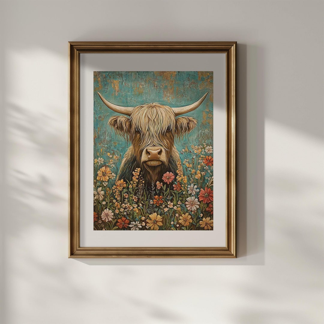 Highland Cow Wildflowers Poster Print Boho Style Vintage Wall Art ...