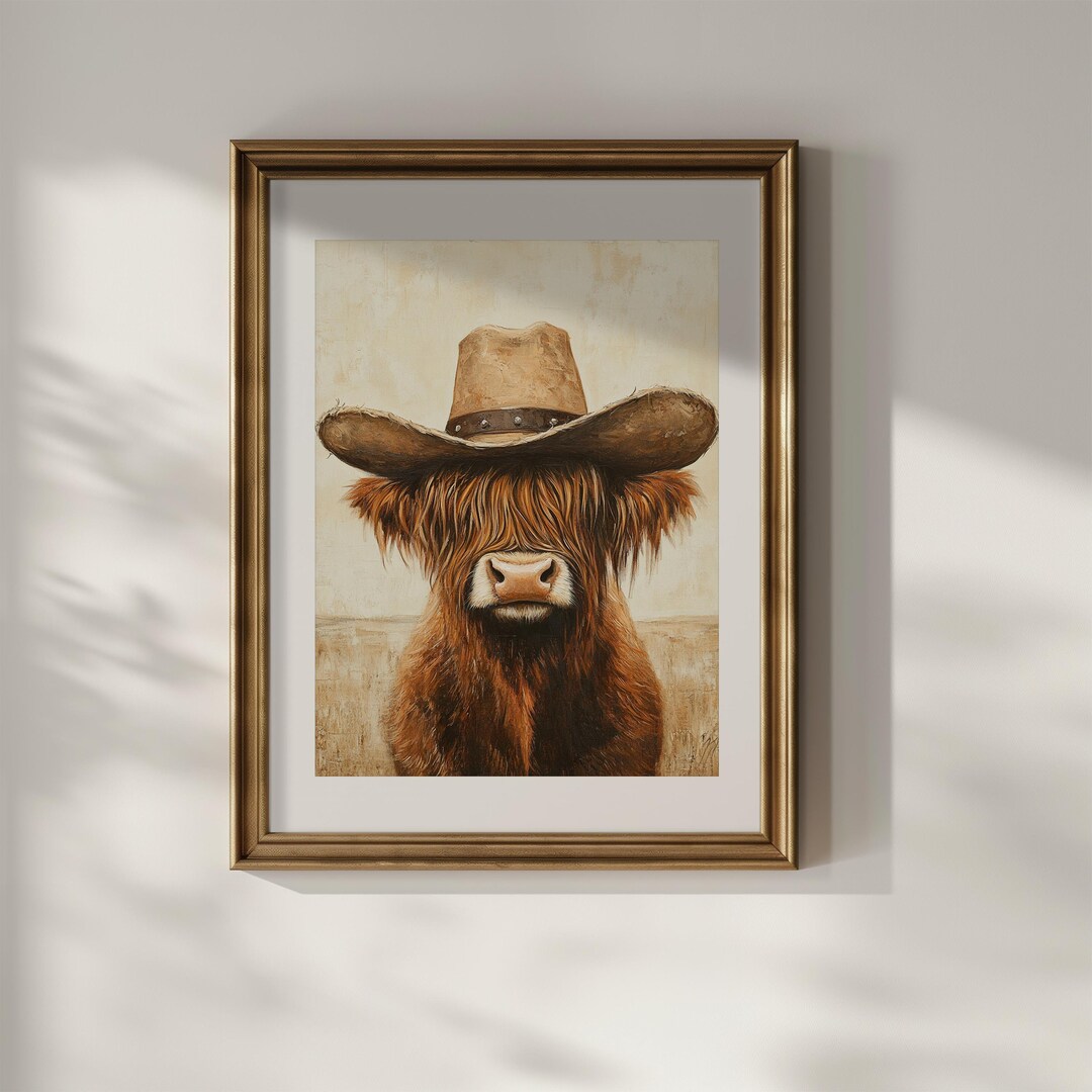Highland Cow Wearing Cowboy Hat Wall Art Funny Western Boho Printable ...