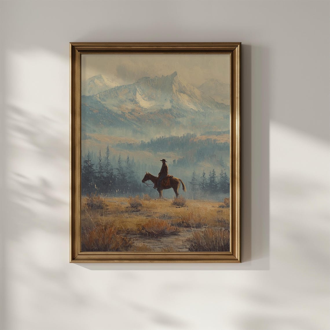 Cowboy Western Wall Art Soft Muted Neutral Vintage Oil Painting Print ...