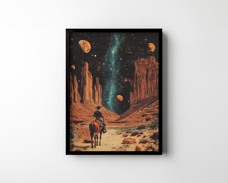 Cowboy Riding Horse in Canyon Landscape Celestial Wall Art Night Sky ...