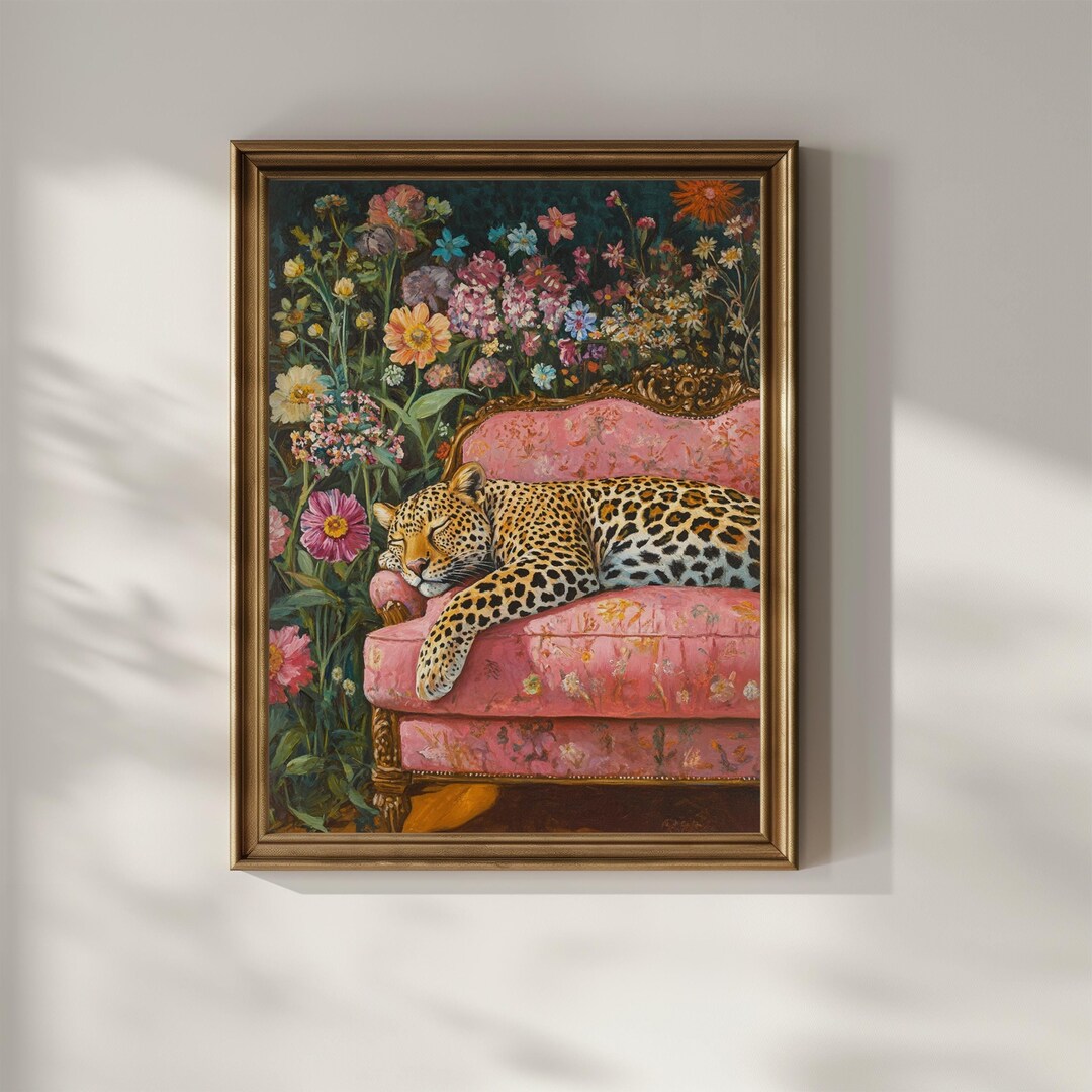 Leopard Floral Wall Art Printable Vintage Wildflower Leopard Sleeping ...