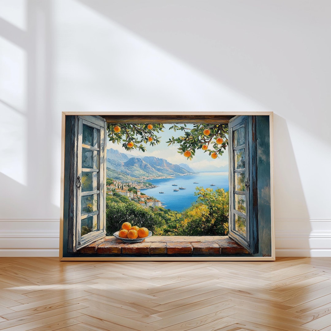 Open Window Scene Oil Painting Printable Wall Art Mediterranean Sea ...