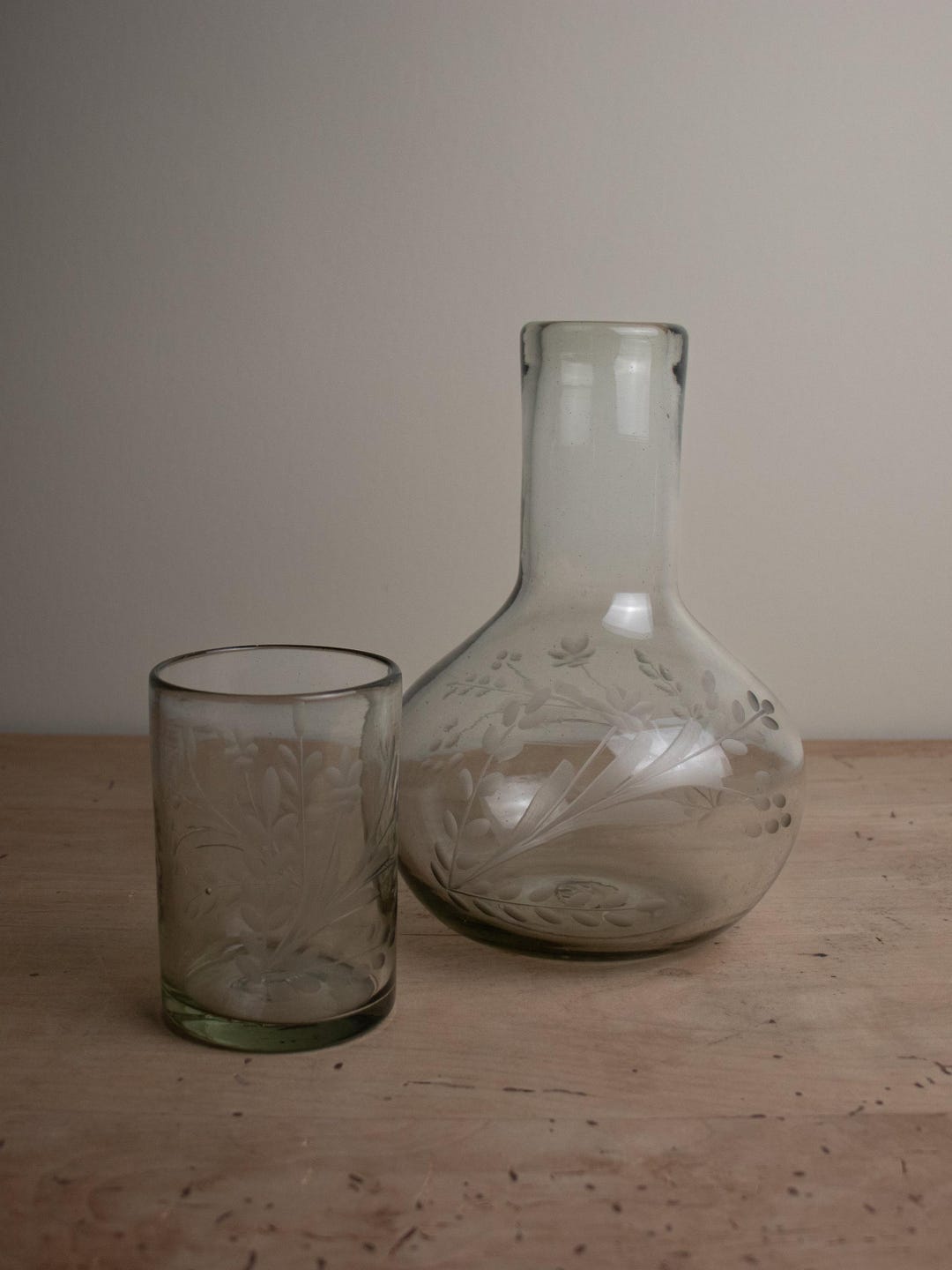 Hand-etched Blown Carafe Set Hand Made and Hand Blown Mexican Glass Set ...
