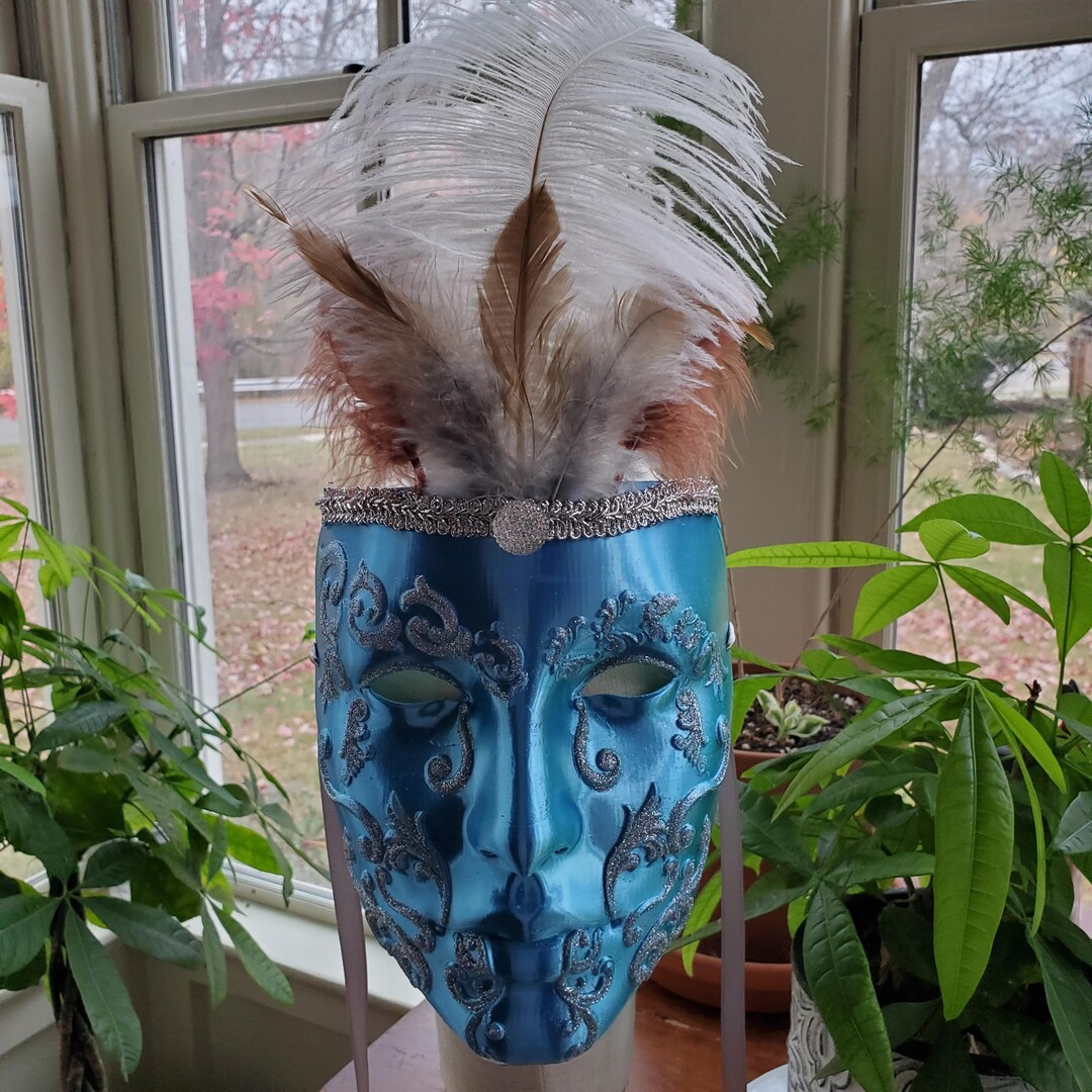 3D Printed Masquerade Mask: Silver Design, Natural Feathers - Etsy