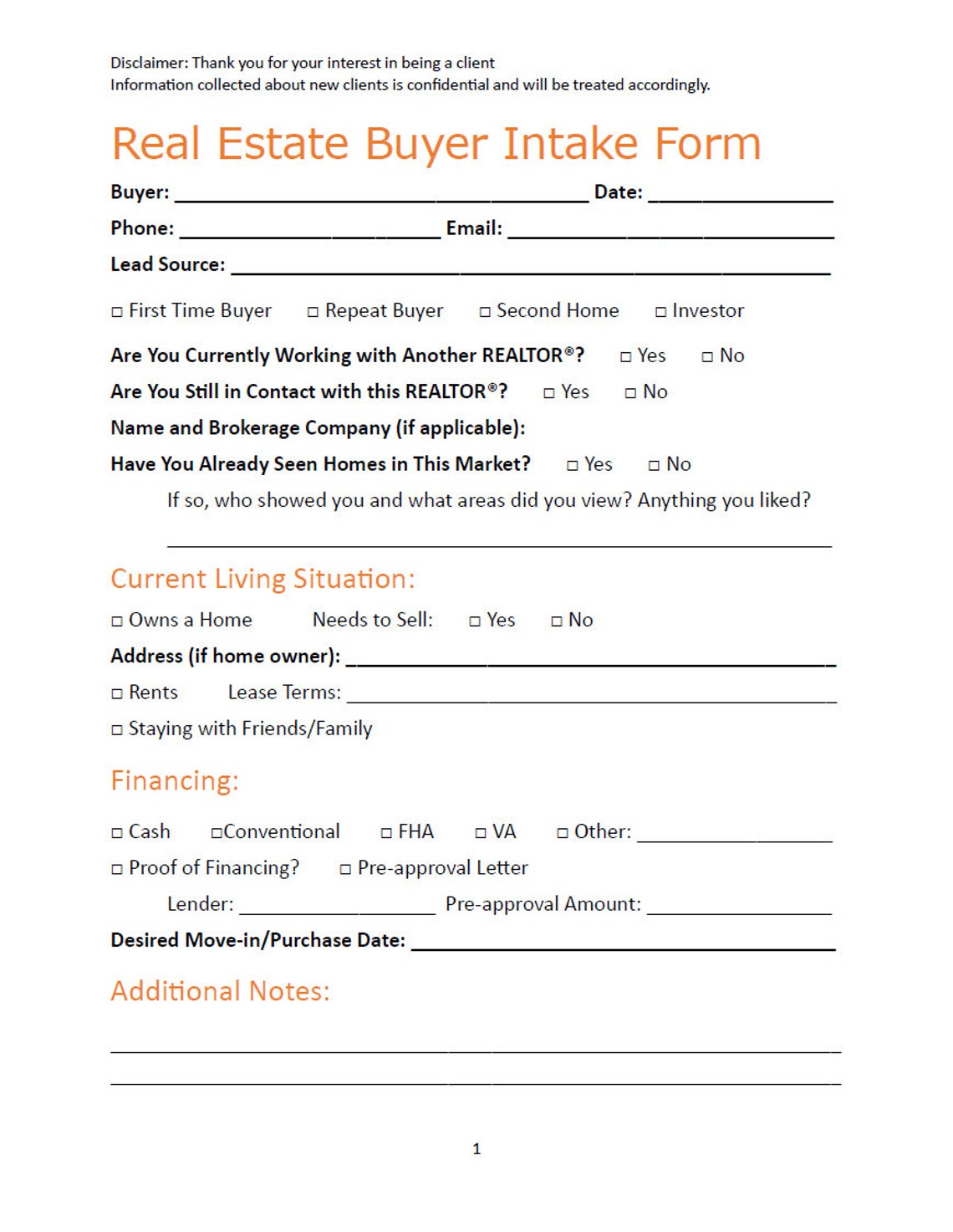 Buyer Intake Form for Real Estate Agents - Etsy