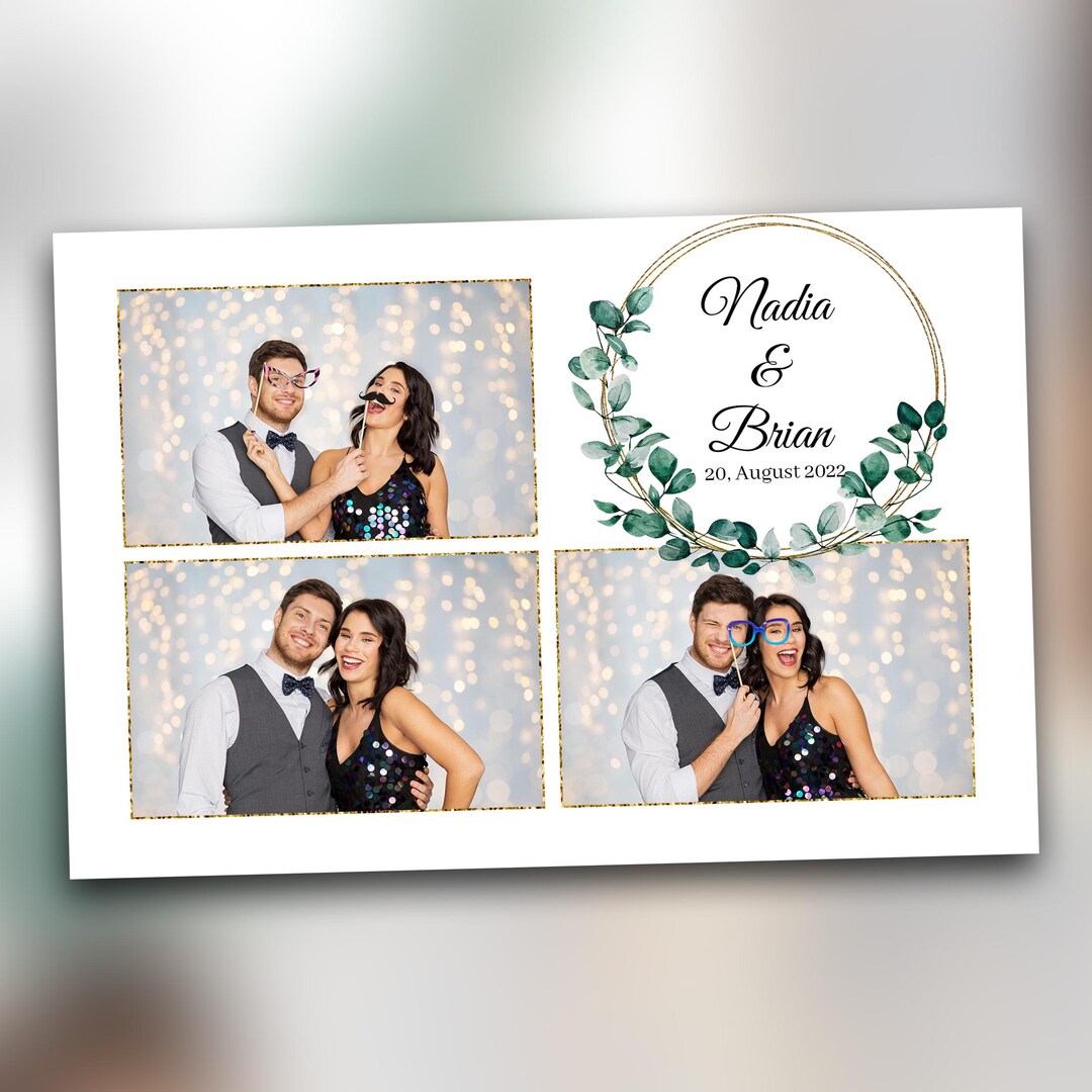 Wedding Photobooth Template 4x6 3 Photo Greenery With Gold Borders ...