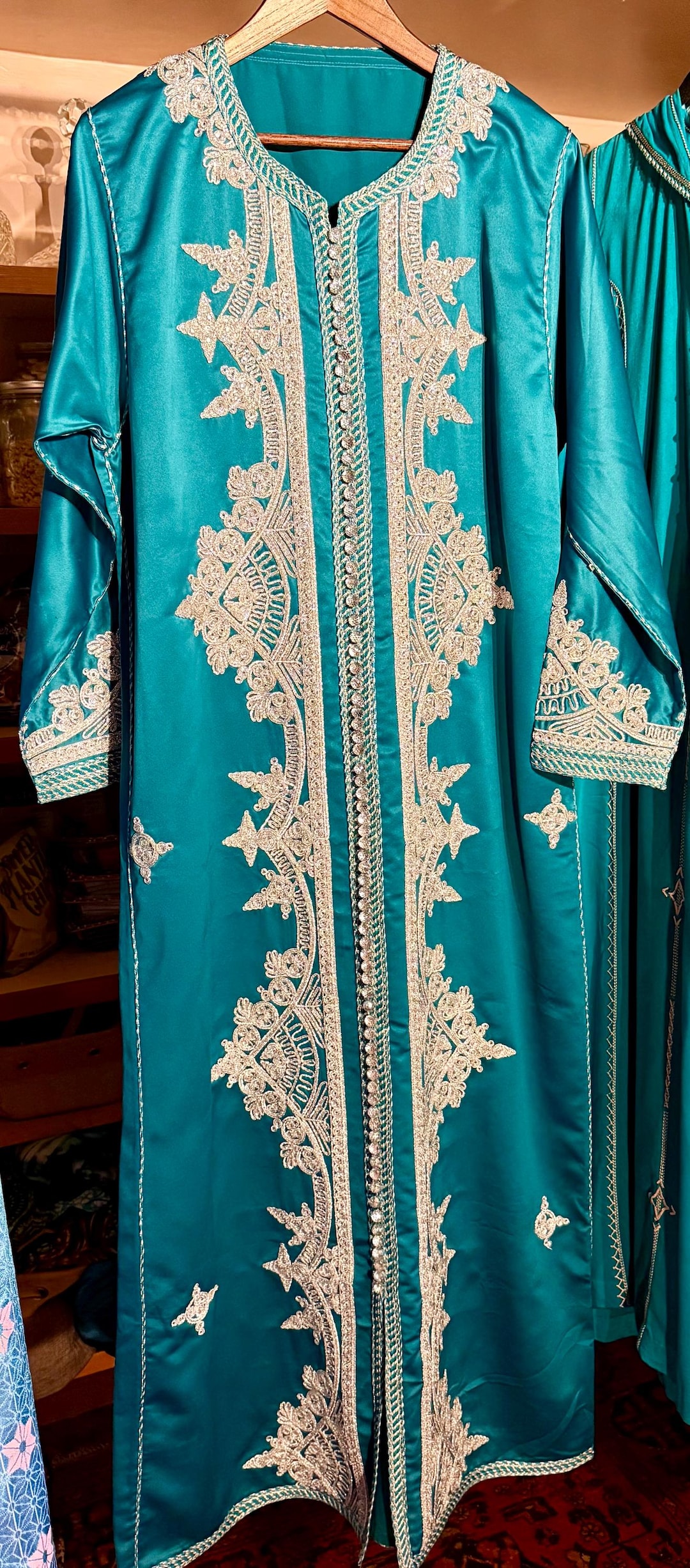 Vintage Moroccan Hand Embroidered Kaftan in Turquoise Satin With ...