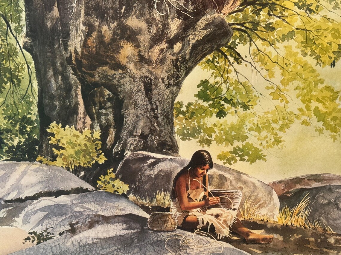 Watercolor Lithograph: “miwok Maiden Weaving Basket Under Spreading Oak ...
