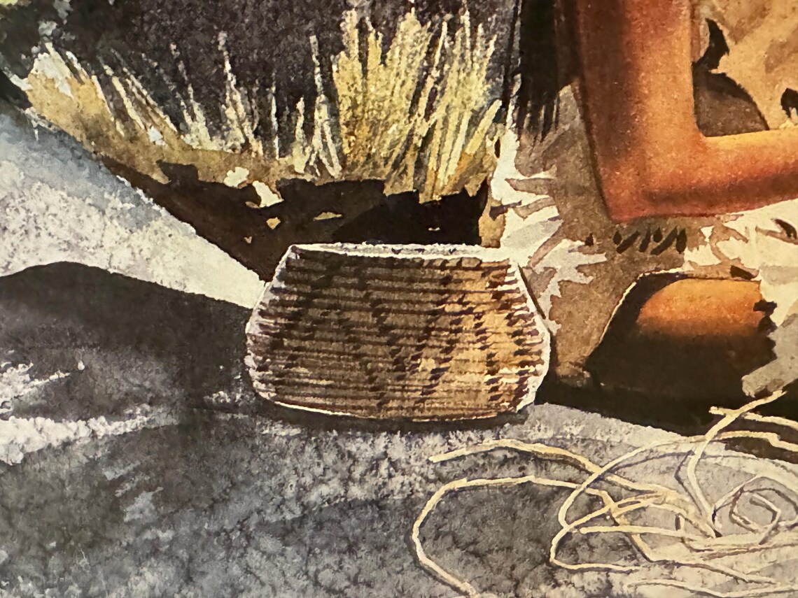 Watercolor Lithograph: “miwok Maiden Weaving Basket Under Spreading Oak ...