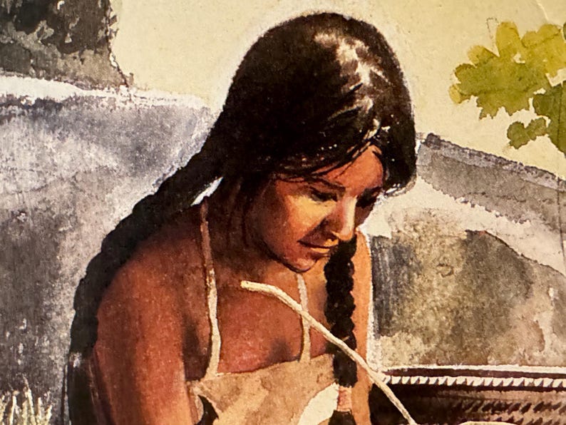 Watercolor Lithograph: “miwok Maiden Weaving Basket Under Spreading Oak ...