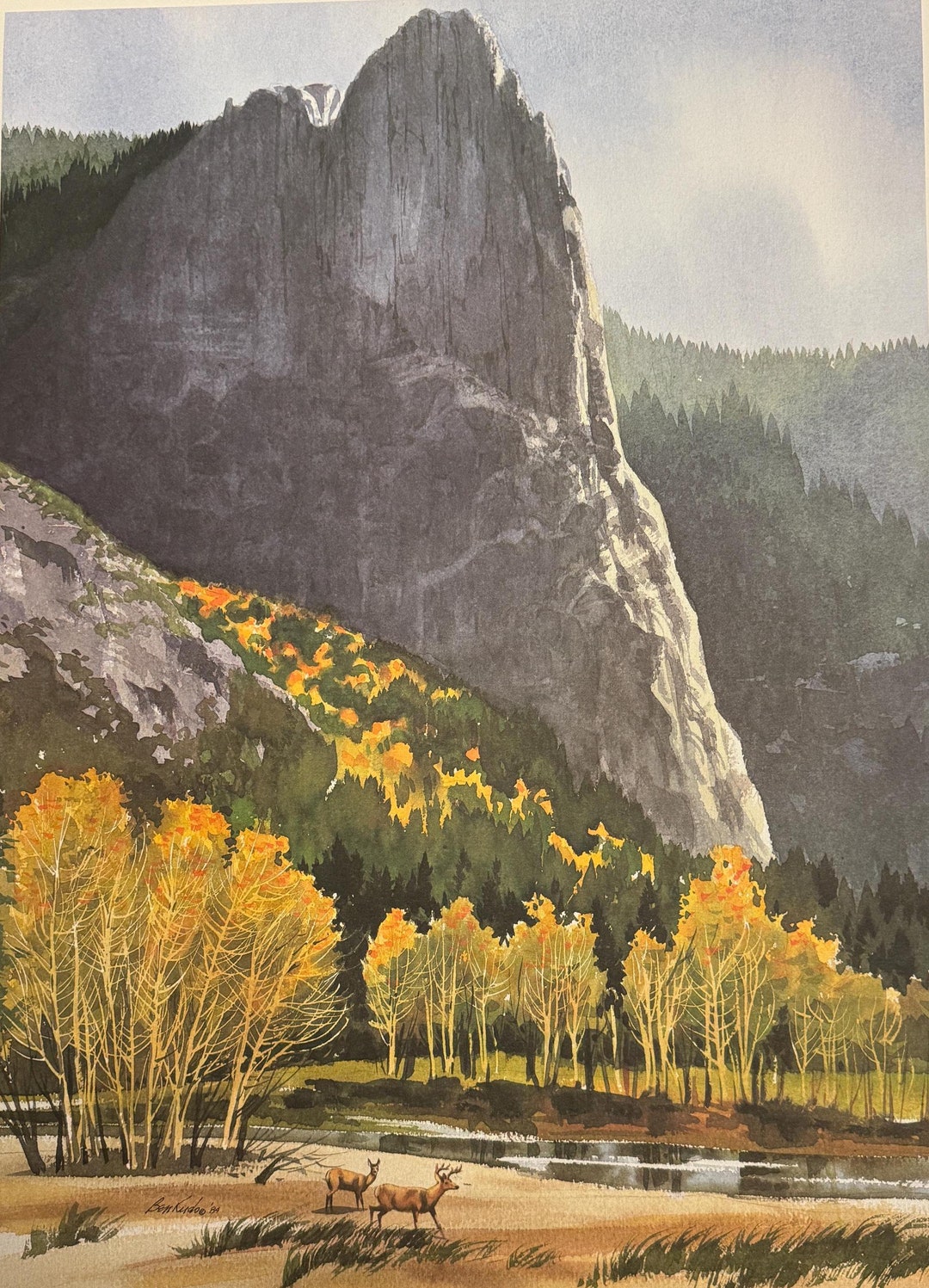 Watercolor Lithograph: “autumn Splendor of Sentinel Rock in Yosemite ...