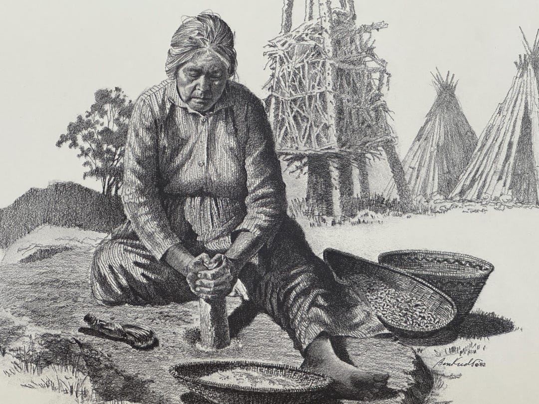 Vintage Lithograph Sketch: “miwok Woman Toiling Over Acorn Meal” , by ...