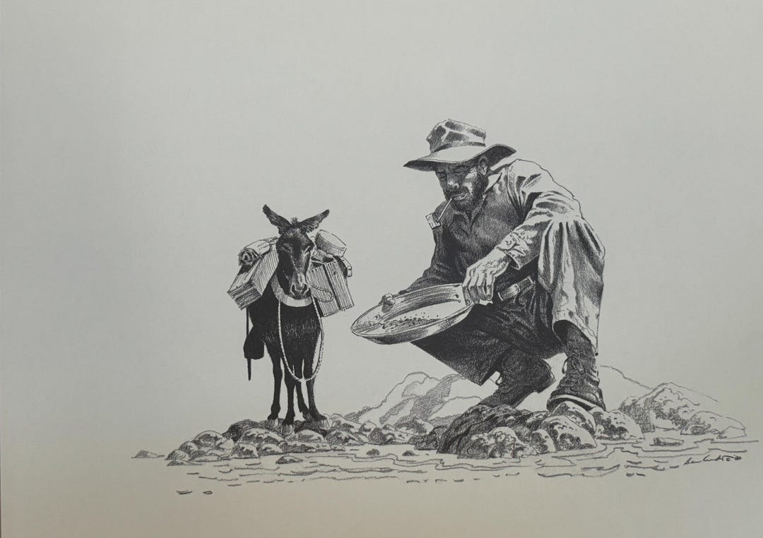 Vintage Gold Rush Lithograph: Miner Panning, (16x12 In.) - Ben Kudo Art ...