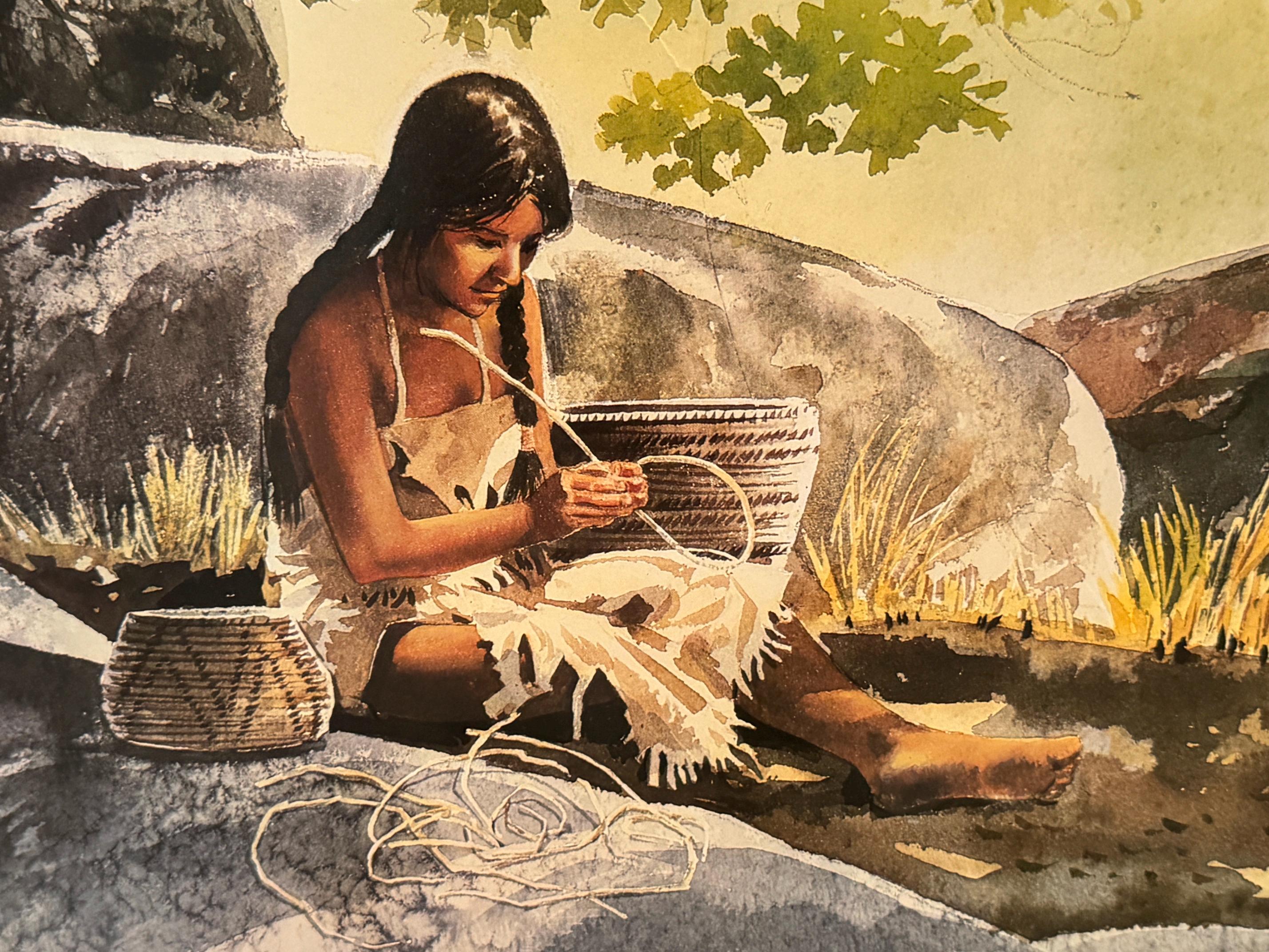 Watercolor Lithograph: “miwok Maiden Weaving Basket Under Spreading Oak ...