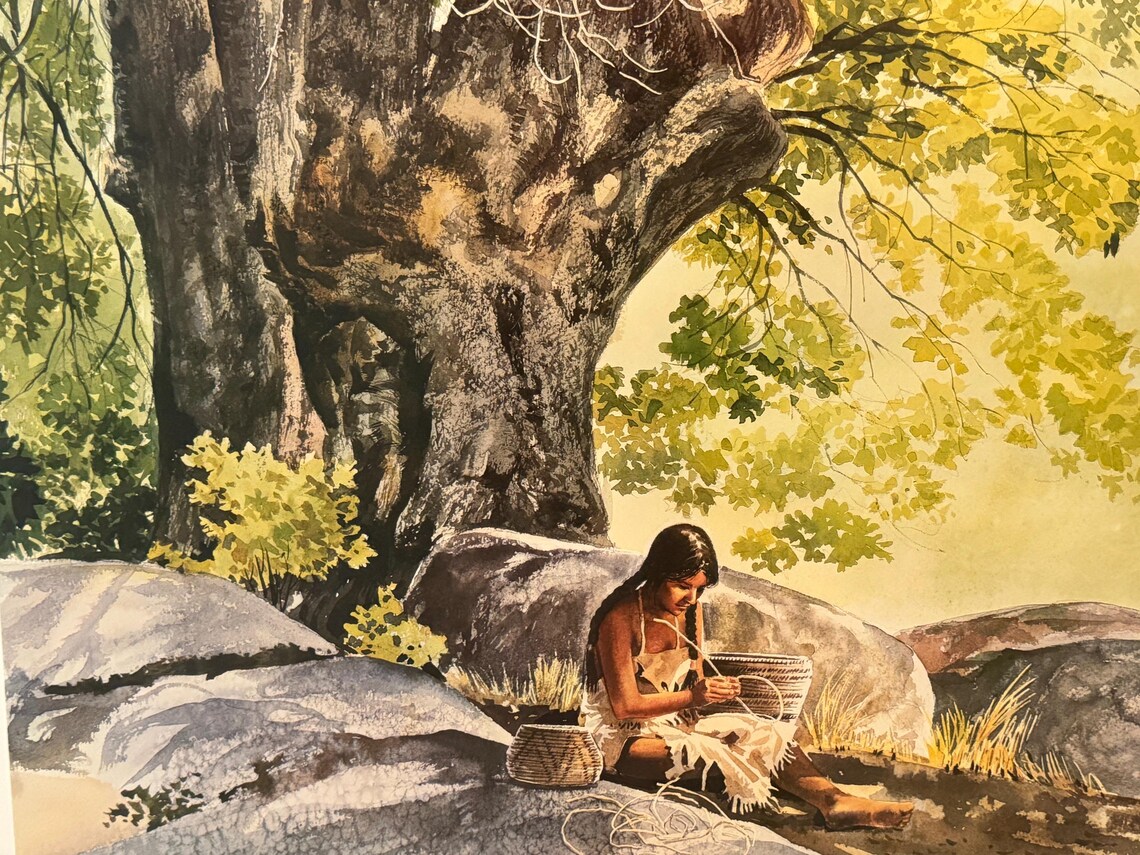 Watercolor Lithograph: “miwok Maiden Weaving Basket Under Spreading Oak ...
