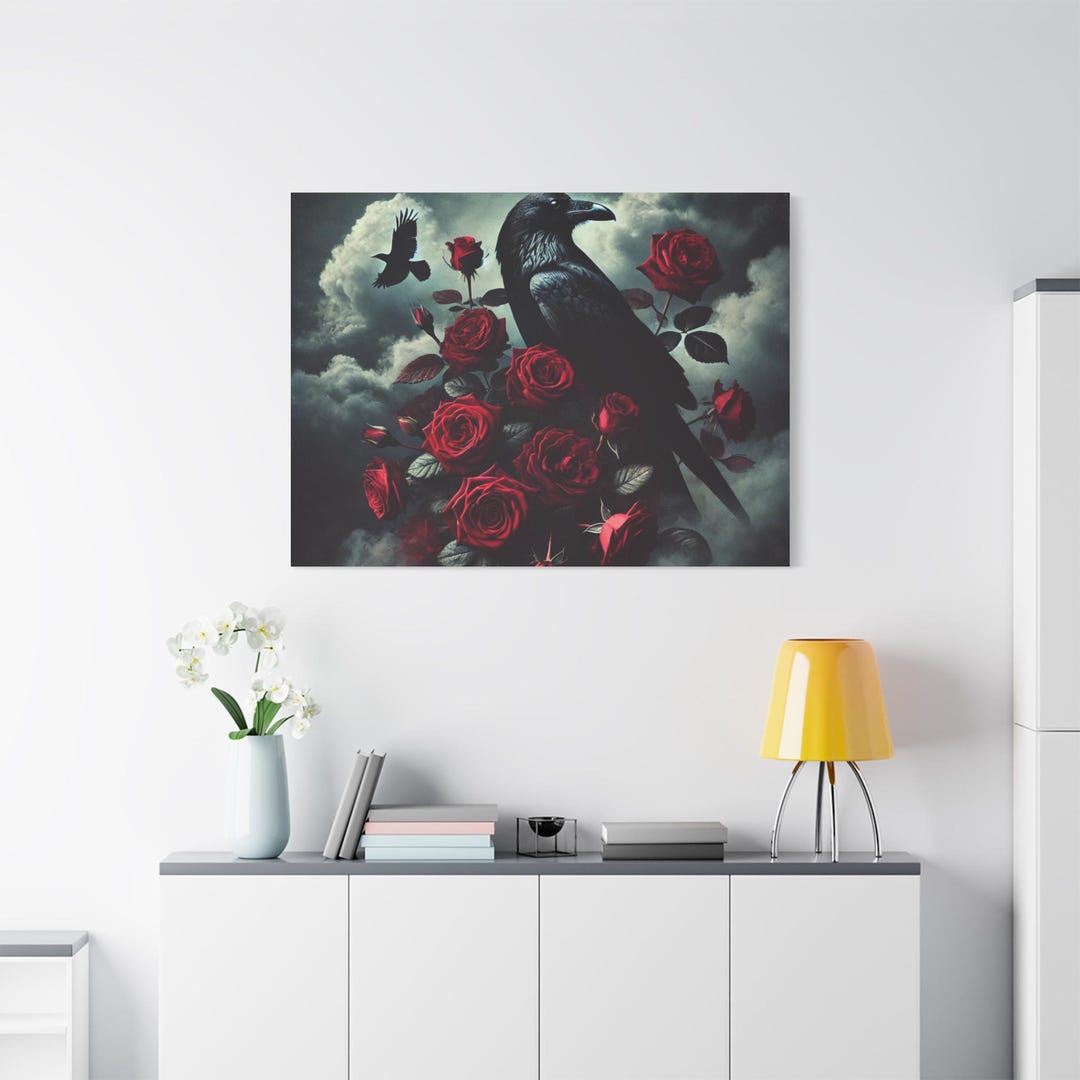 Gothic Raven and Roses Dark and Dramatic Matte Canvas, Stretched Black ...