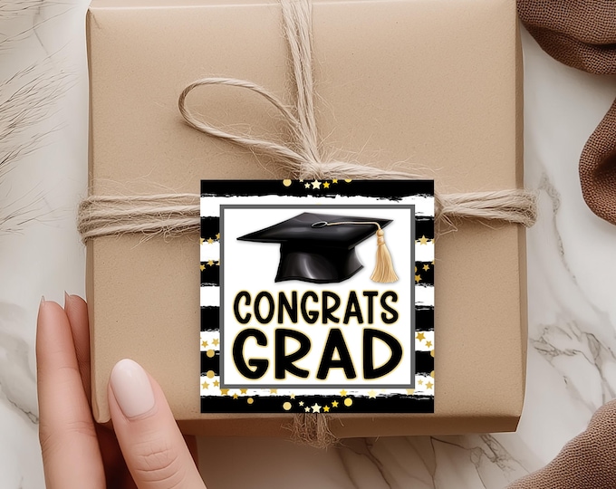 Printable Graduation Gift Tag With Watercolor Grad Cap | Black and Gold ...