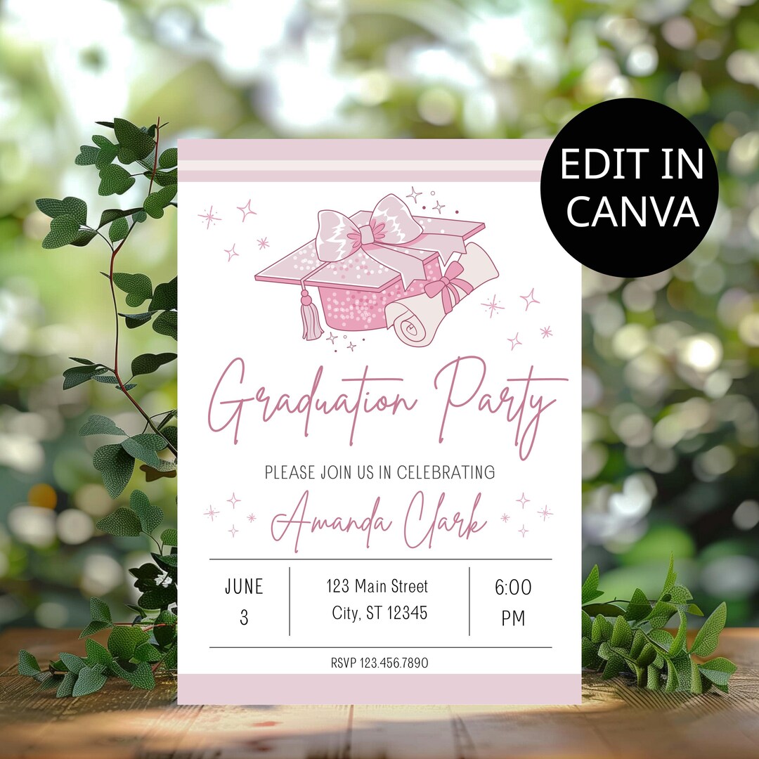 Editable Graduation Party Invitation Template, Coquette Bow Pink ...