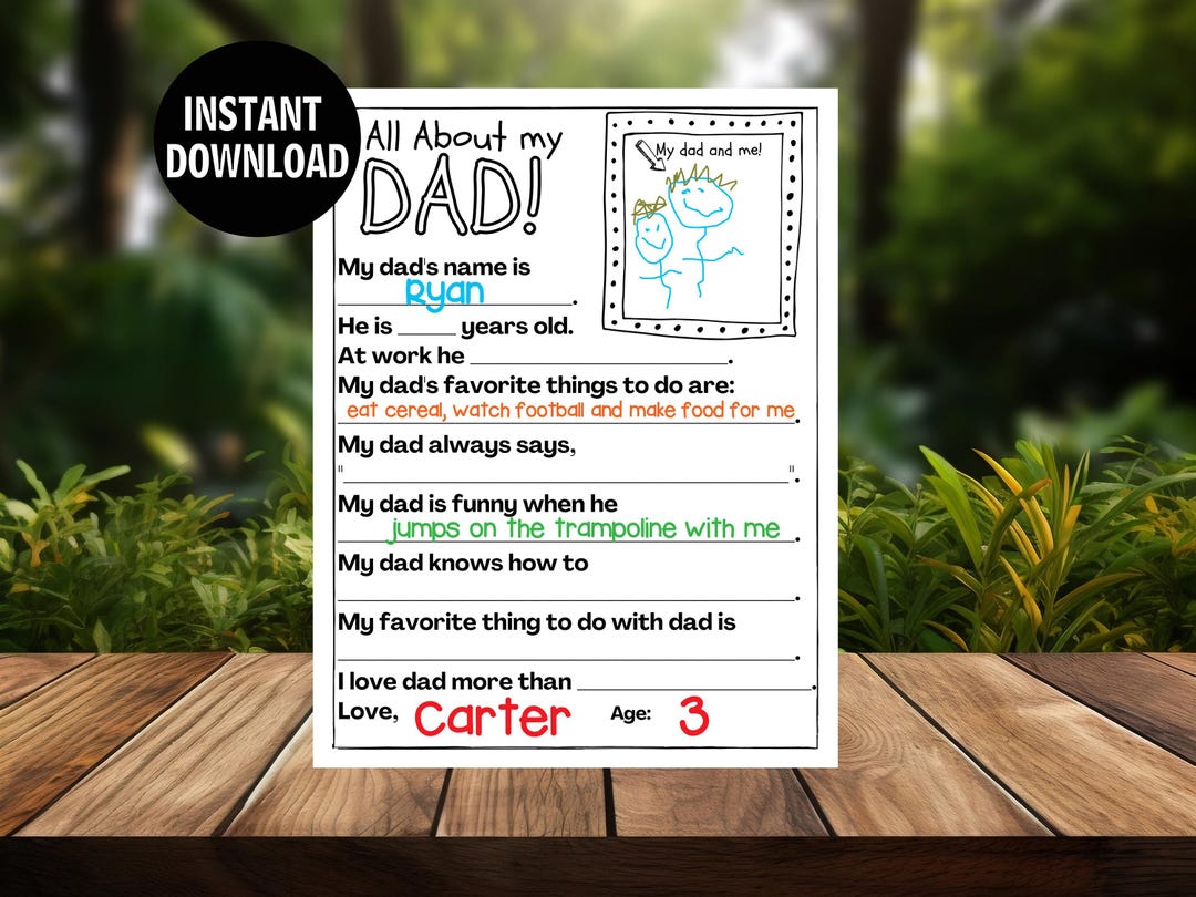 Printable All About My Dad Questionnaire, Fill in the Blank Fathers Day ...