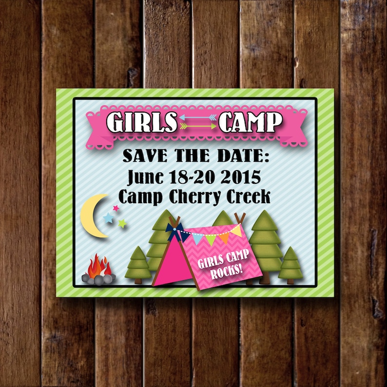 Girls Camp- Save the Date Customized Download - Etsy