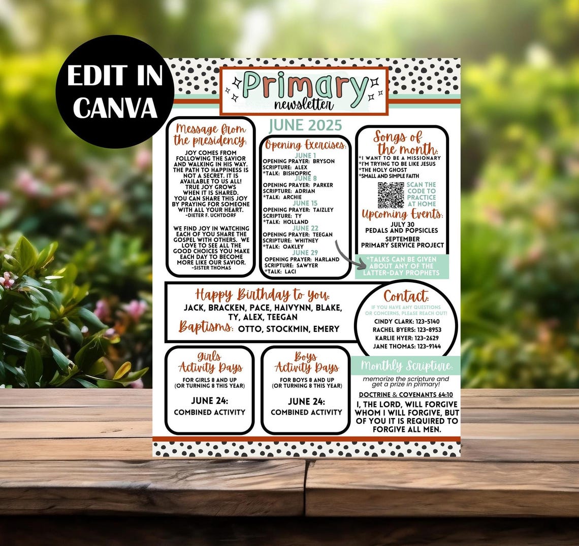 Editable LDS Primary Newsletter Template - Monthly Primary Calendar ...