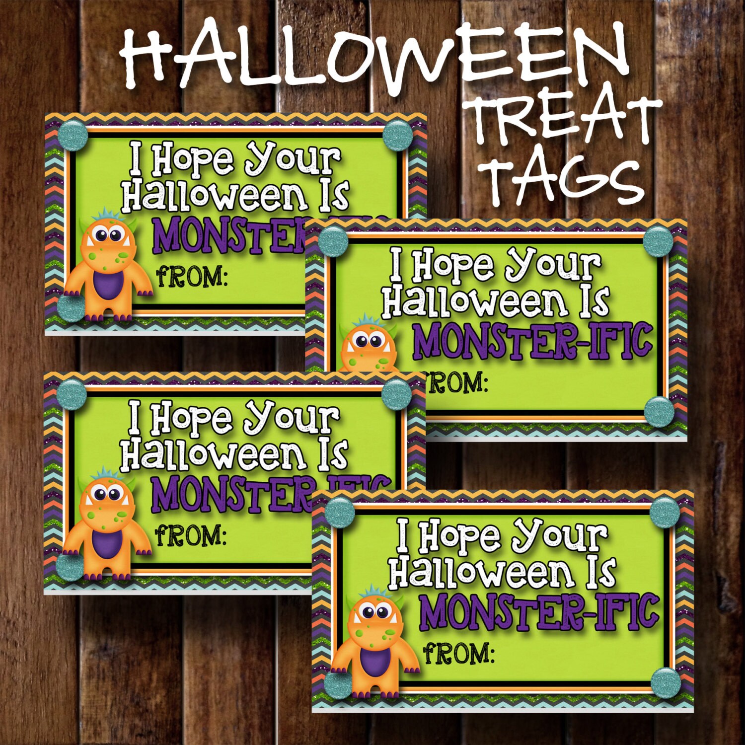 Halloween Treat Tags- I Hope Your Halloween is MONSTERIFIC- (10) 2x3.5 ...