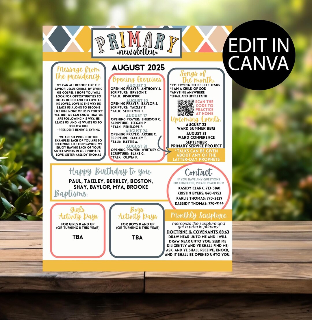 LDS Primary Newsletter Template, Printable Newsletter Primary, LDS ...