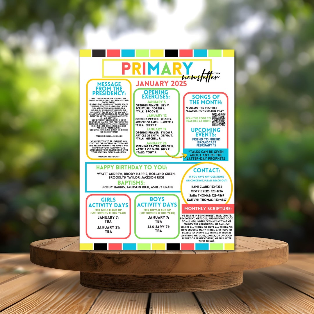 Primary Newsletter Template, LDS Primary Printable Newsletter, Primary ...