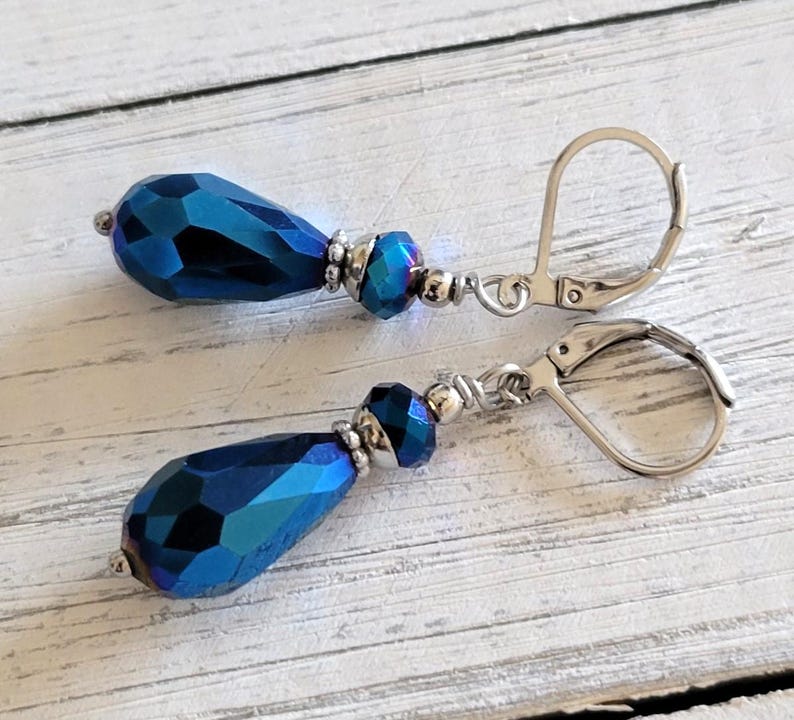 Metallic Blue Crystal Teardrop Stainless Steel Lever Back Earrings ...