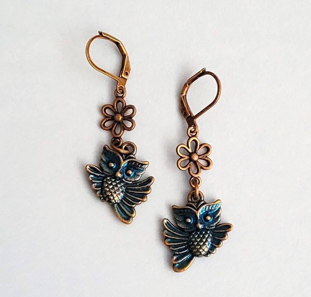 Bronze Owl Daisy Flower Earrings, Blue Enamel, Brass Lever Back Ear ...