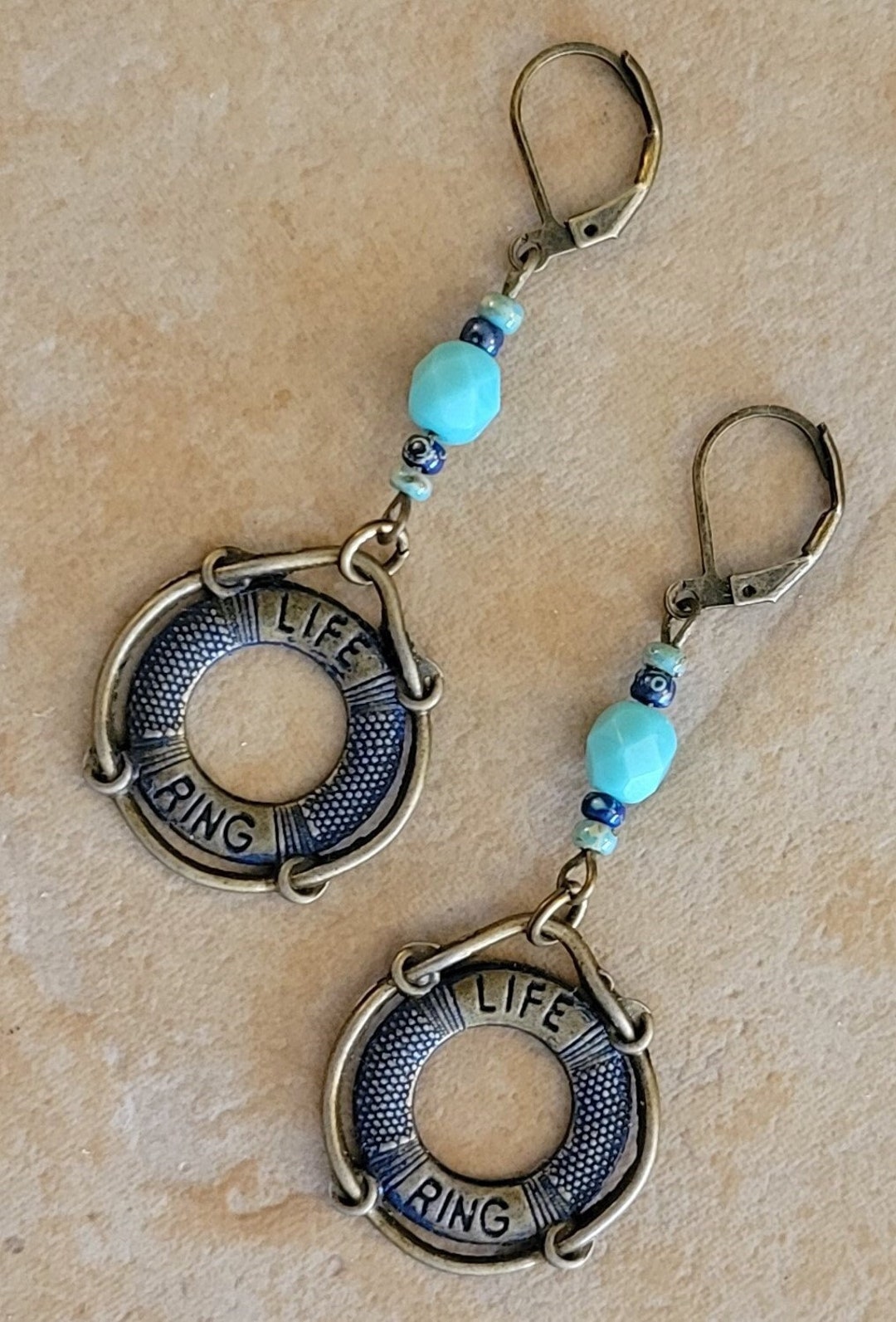 LIFE RAFT RING Charm Czech Earrings Beach Bronze Plated Brass Lever ...