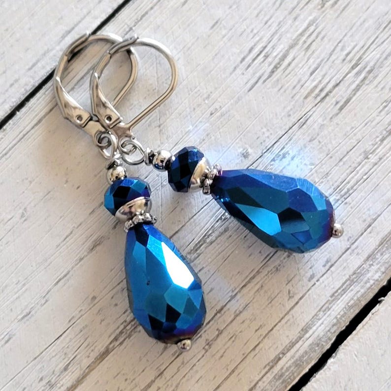 Metallic Blue Crystal Teardrop Stainless Steel Lever Back Earrings ...