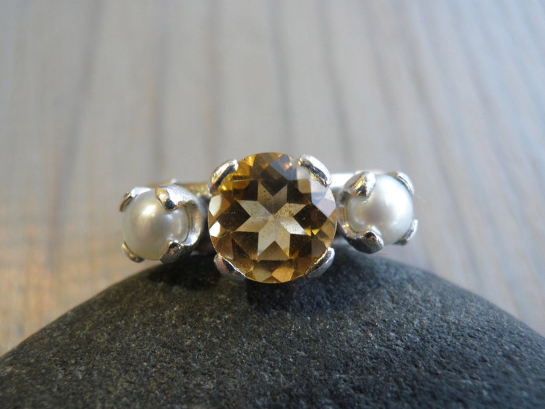 Vintage Style Princess Ring, November Birthstone, Citrine and Pearls ...