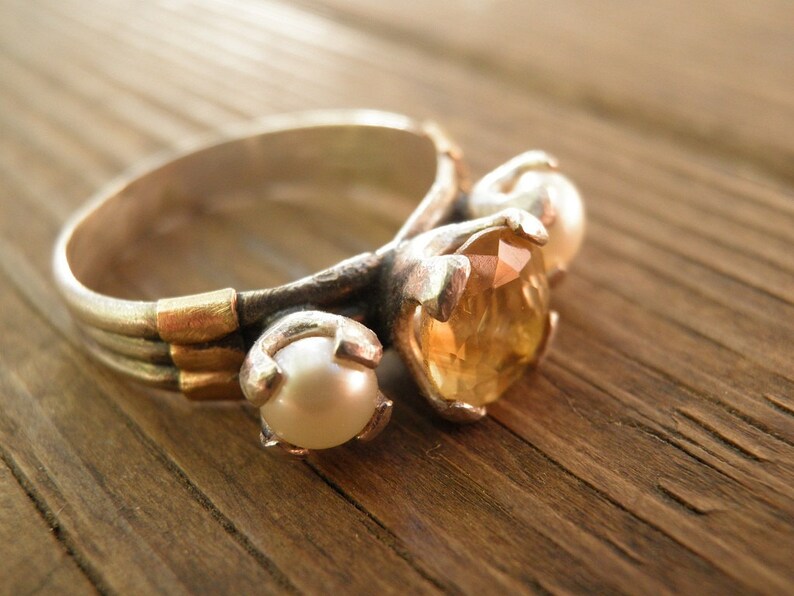 Vintage Style Princess Ring, November Birthstone, Citrine and Pearls ...