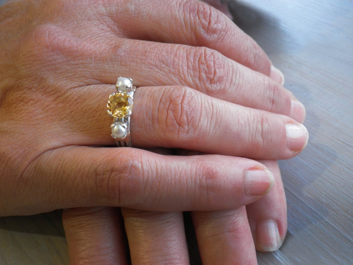 Vintage Style Princess Ring, November Birthstone, Citrine and Pearls ...