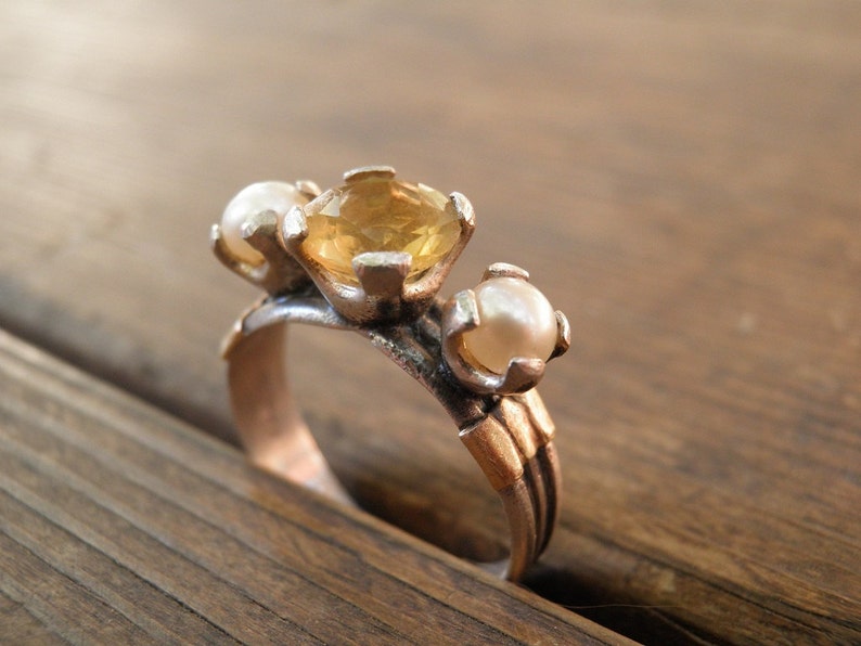 Vintage Style Princess Ring, November Birthstone, Citrine and Pearls ...