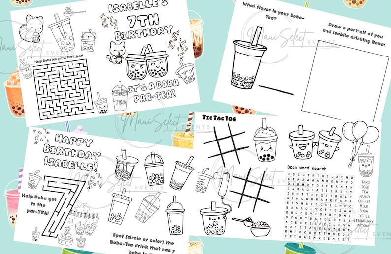 Customizable and Printable Boba Birthday Themed Activity Coloring Book ...