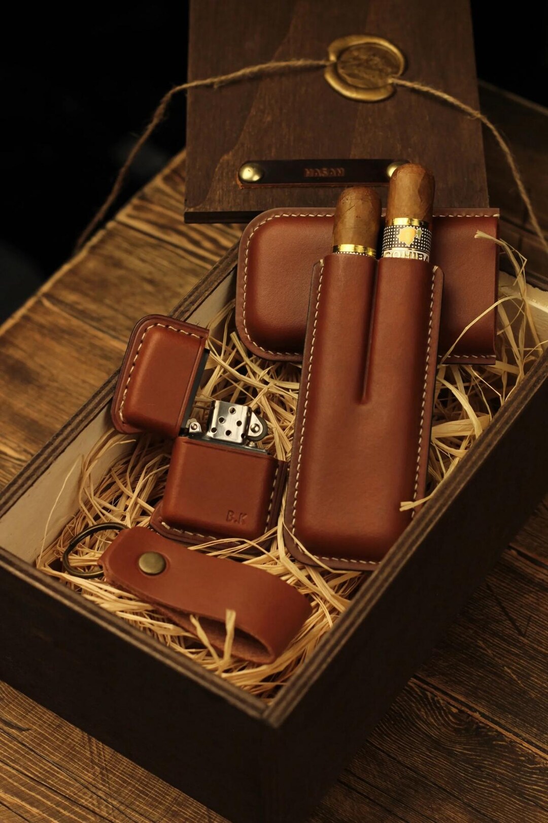 Personalized Leather Cigar Pouch - Zippo Case & Keychain Gift Set ...