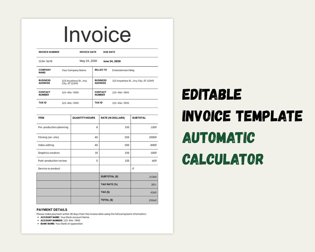 Editable Automated Invoice Template - Etsy