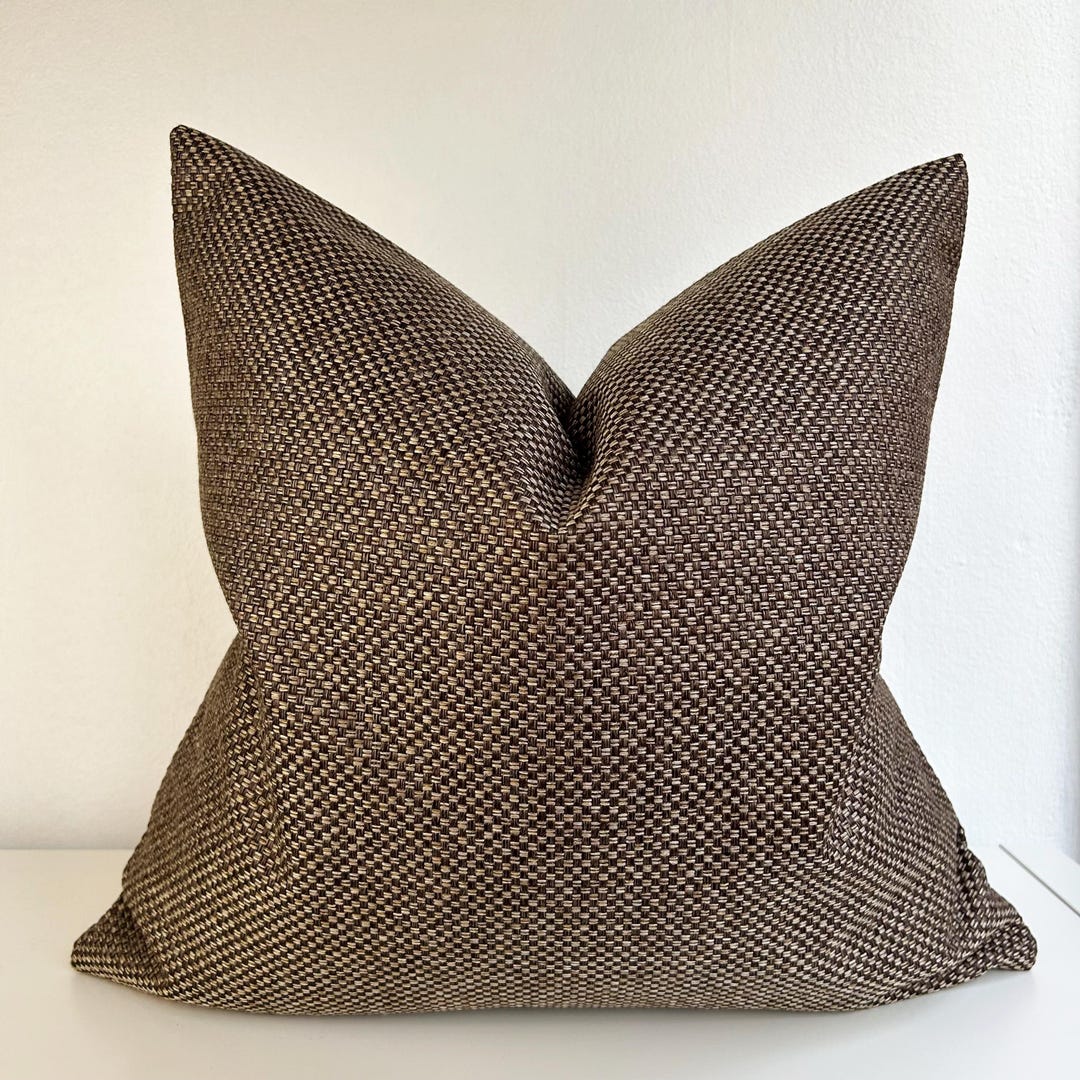 Chocolate Brown and Light Brown Linen Pillow Cover, Basketweave Woven Dark Brown Lumbar Pillow ...