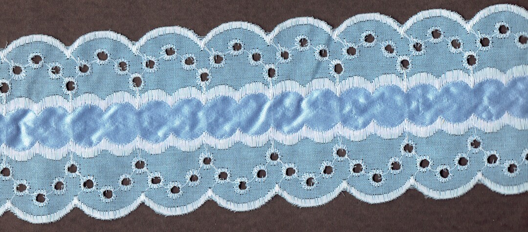 Vintage BLUE white, Yellow Eyelet Lace Trim Satin Center 2 7/8 Inch ...