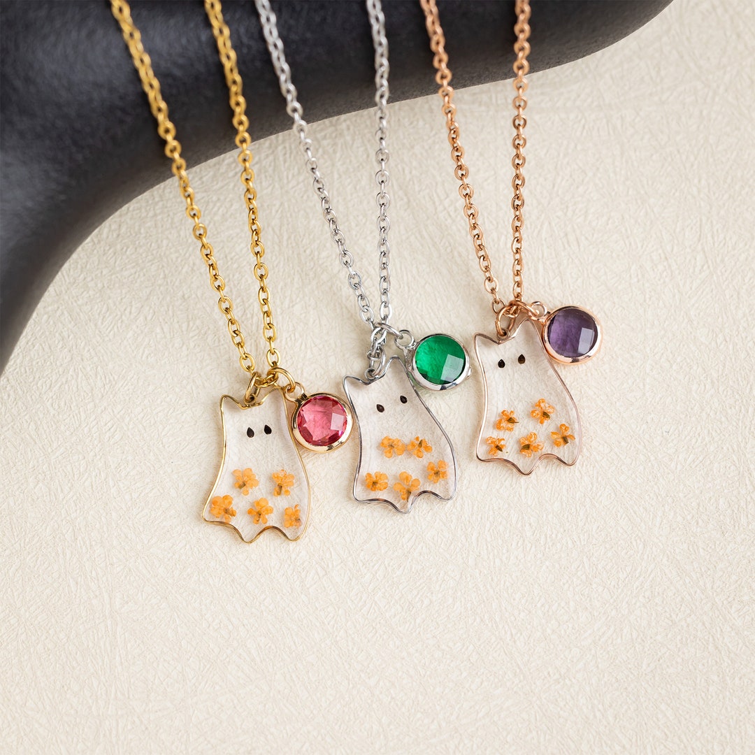Personalized Ghost Cat Birthstone Necklace, Handmade Real Flower ...