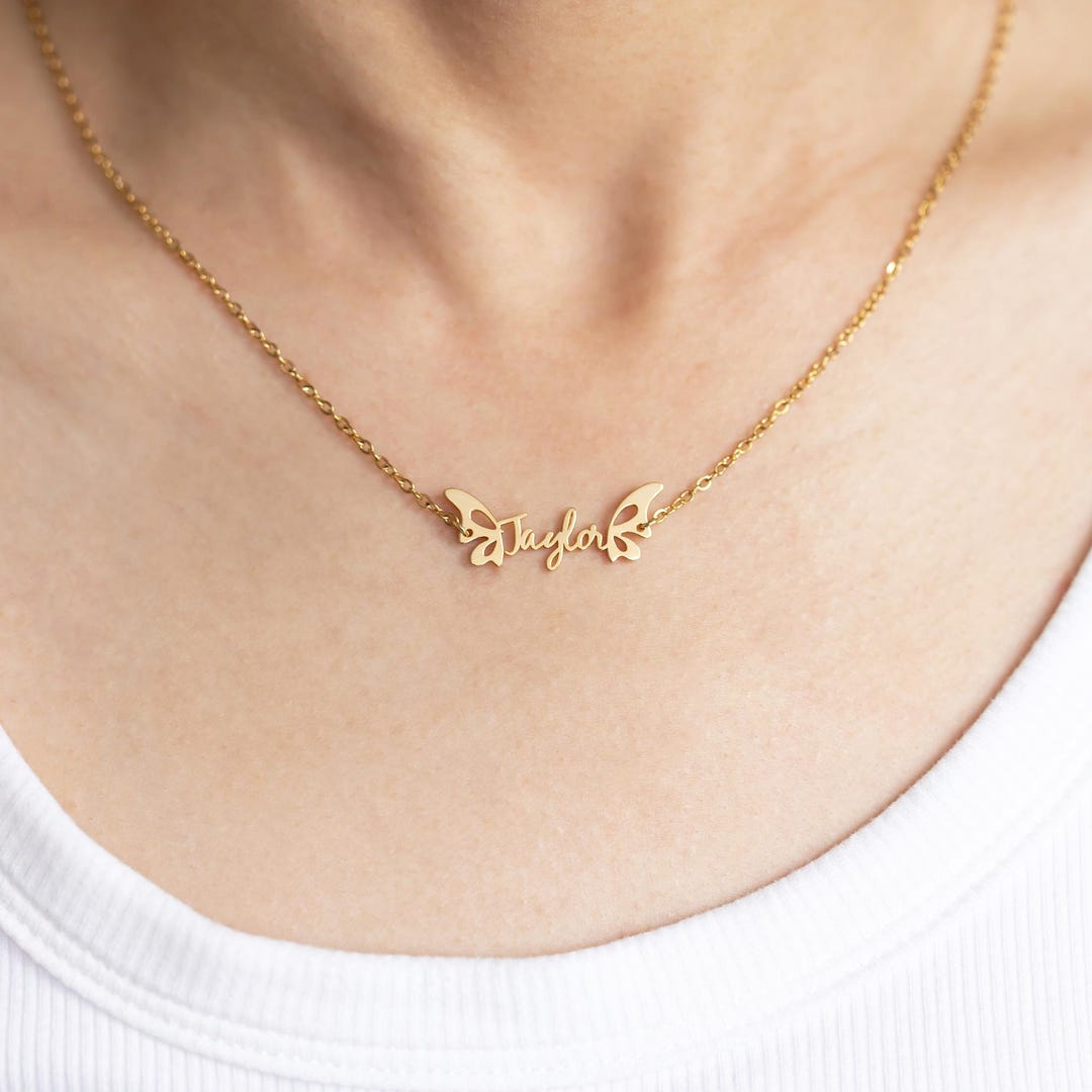 Custom Name Necklace With Butterfly Wings, Dainty Name Necklace for ...
